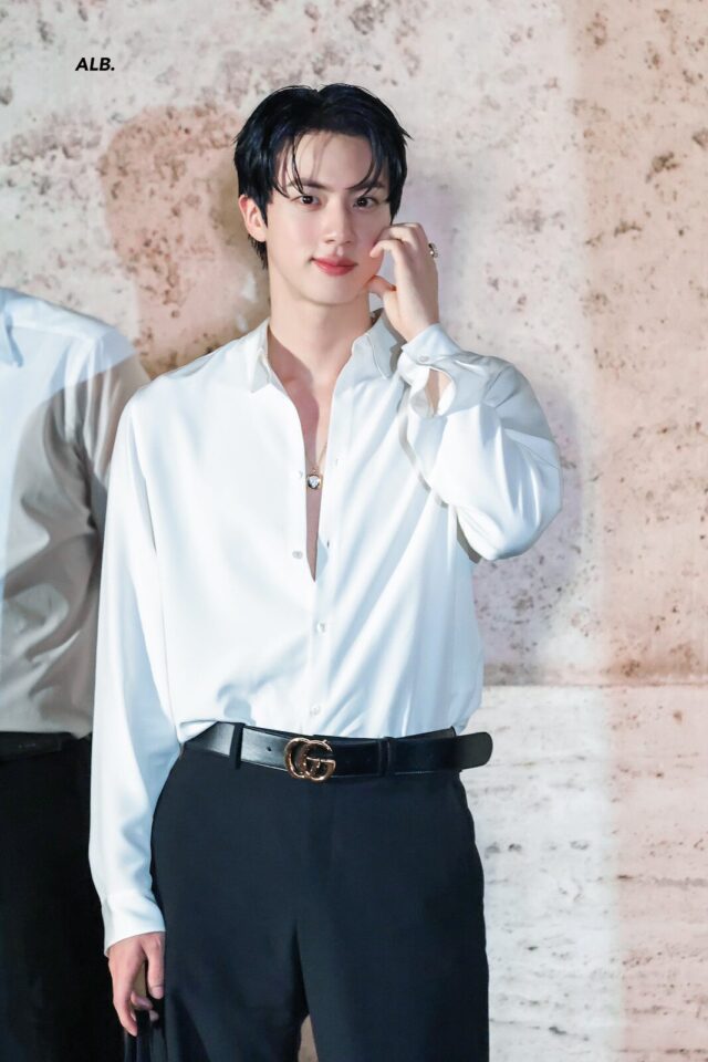 BTS's Jin Shocks With Plunging V-Neck Outfit At Milan Fashion Week ...